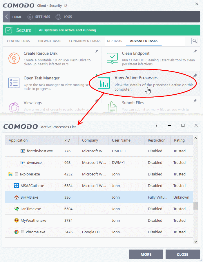 Active Process List, Windows Process List | Comodo Client Security | COMODO